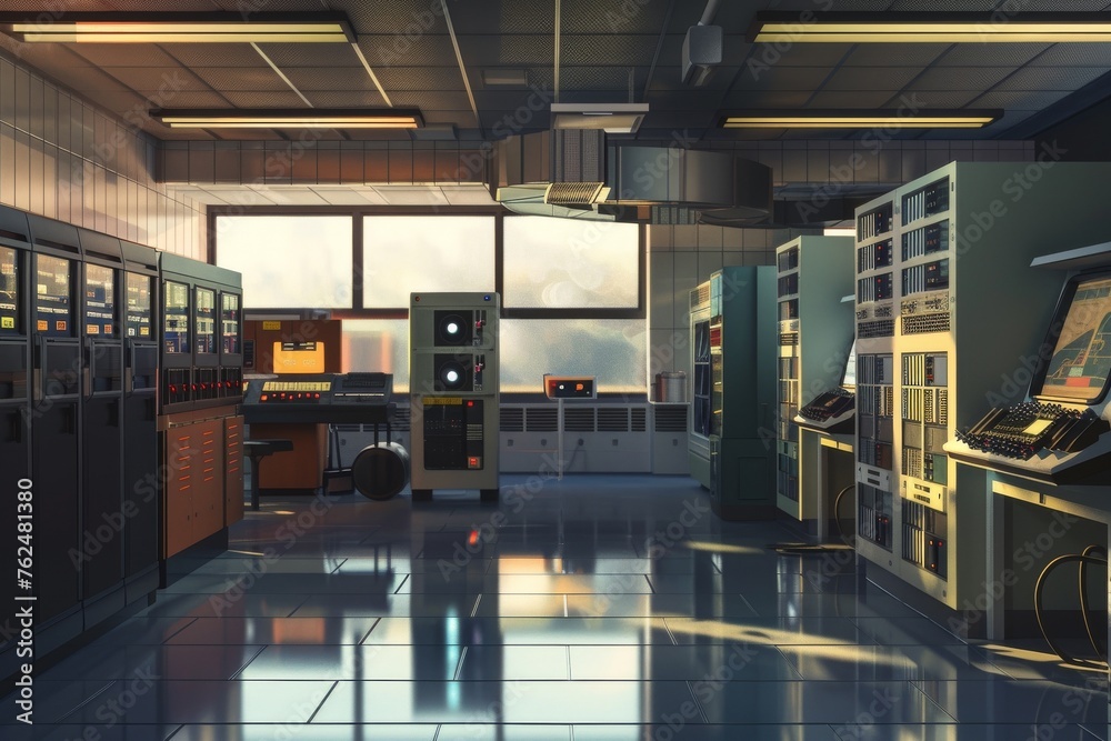 An immersive 3D depiction of a 1960s computer lab, with large mainframe ...