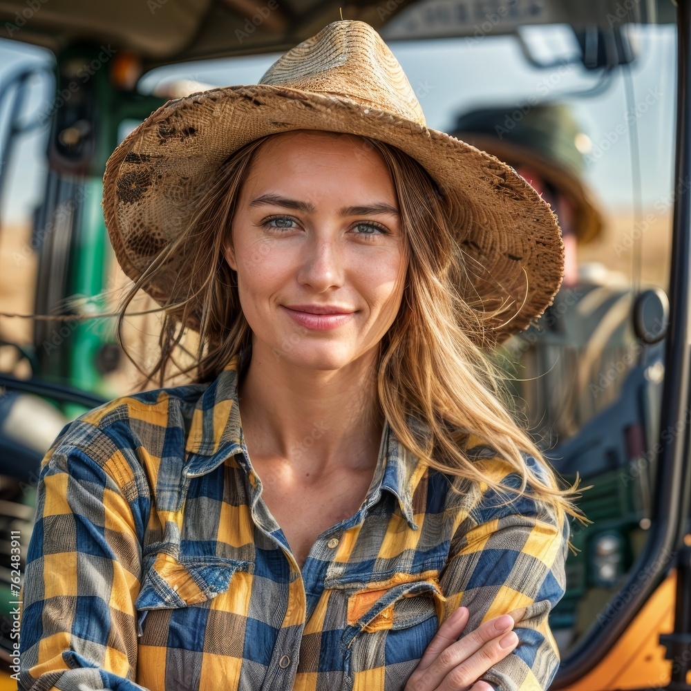 Proud attractive female farmer standing in front of agricultural ...