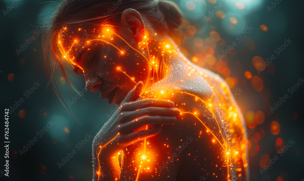 A person touching their shoulder in pain with a glowing representation ...