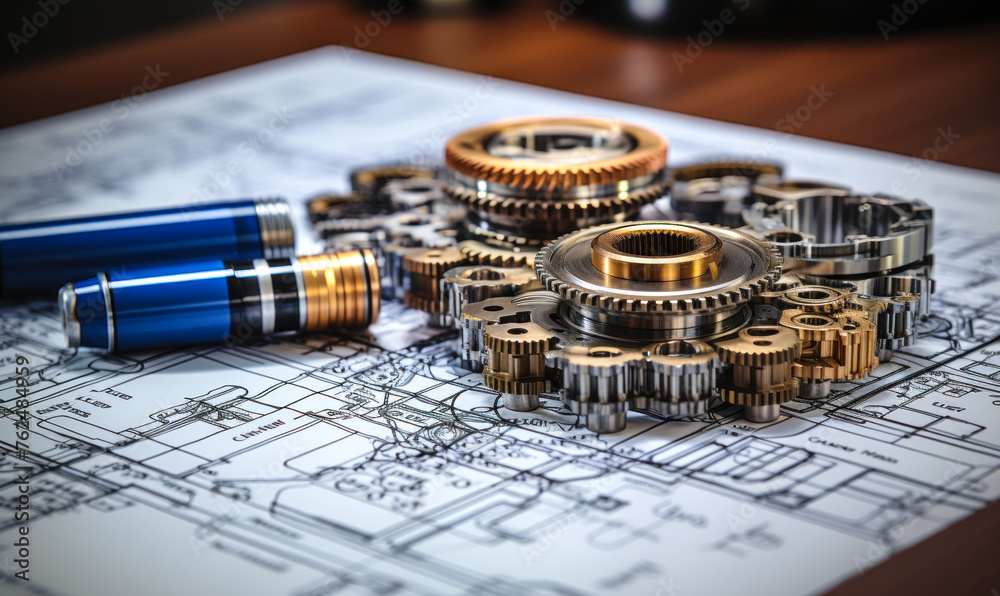 Close-up of engineering drafting tools with a blue pencil on mechanical ...