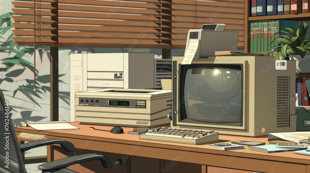 An animated 3D scene of a 1980s office, with a personal computer ...