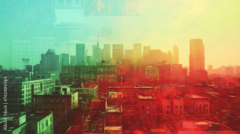 Vibrant urban sunrise gradient cityscape with abstract red and green ...