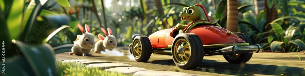 An animated 3D scene of a turtle in a race car, slowly but steadily ...