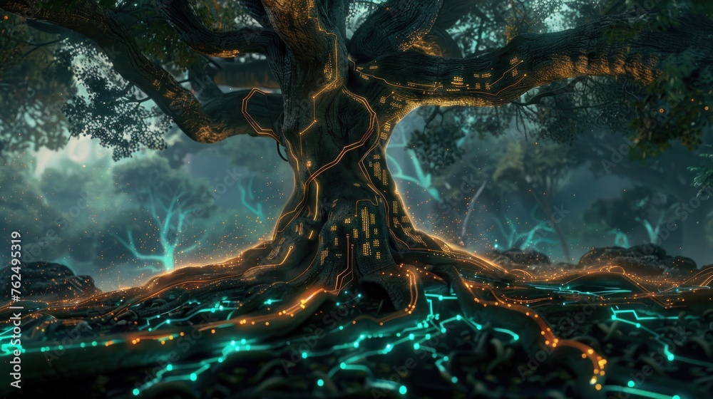 The concept of tree roots with light cables combines nature and ...