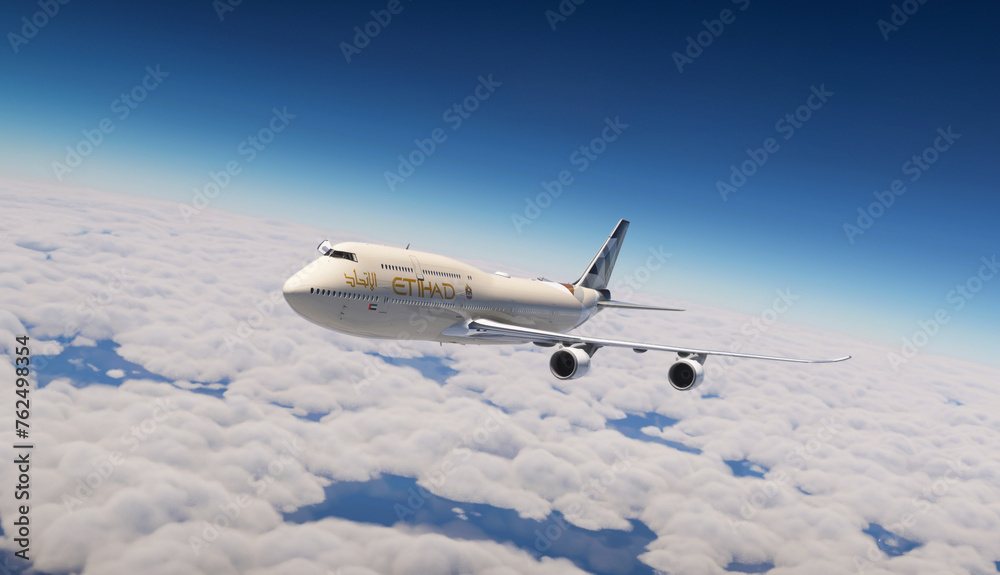 Etihad Airways Boeing 747 flying over the sky, 19 Mar, 2024, Dubai ...