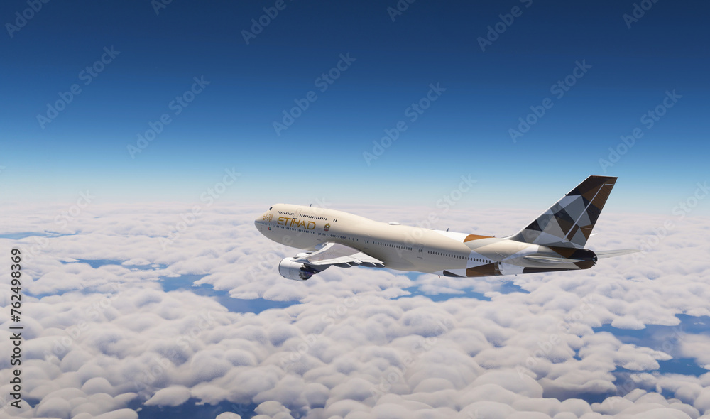 Etihad Airways Boeing 747 flying over the sky, 19 Mar, 2024, Dubai ...