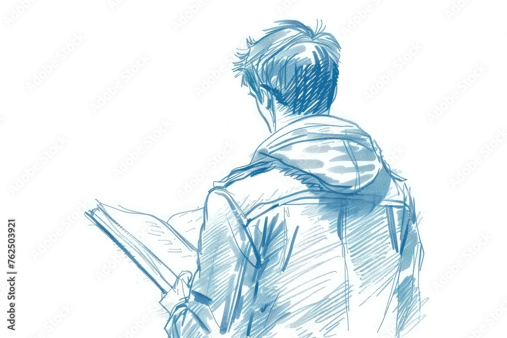 Young Adult Man Reading a Book on White Background. Sketch Drawing in ...