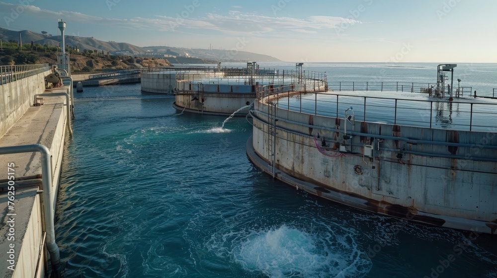 Coastal water purification facility with round sedimentation tanks ...