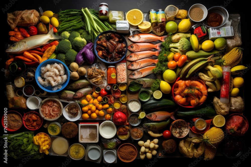 Overhead shot of a cluttered kitchen counter with various cooking ...