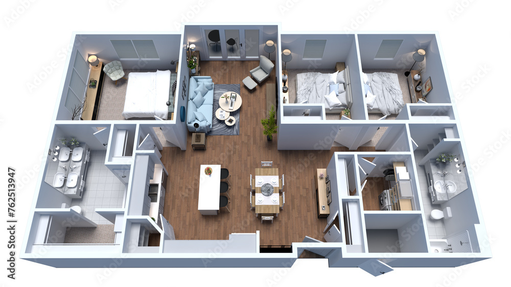3 bed room house with 3d floor plan rendering. Stock Illustration ...