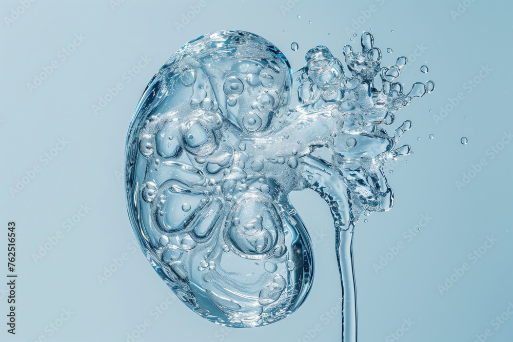 3D model of human kidney organ consisting of water on blue background ...