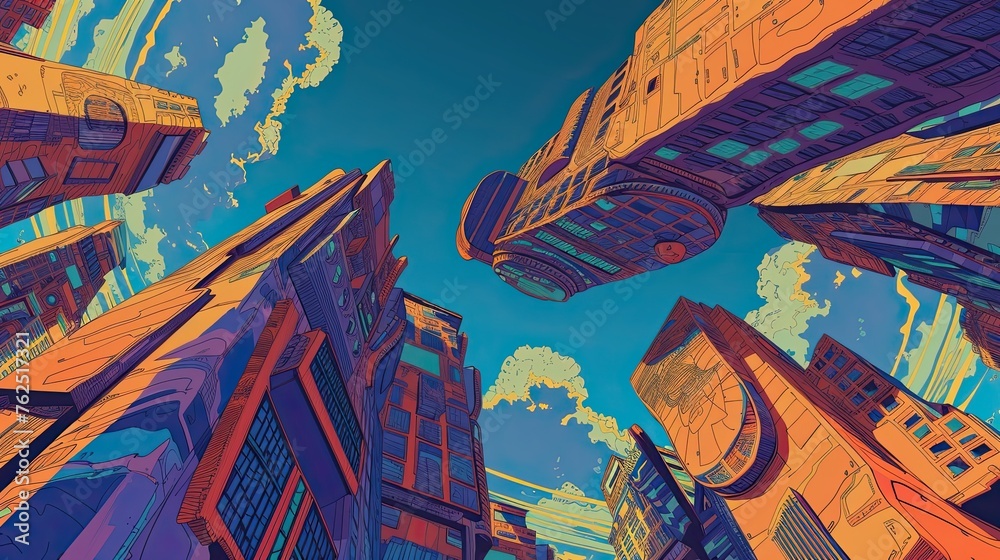 Abstract illustration of a landscape of a distorted, irregular city, an ...