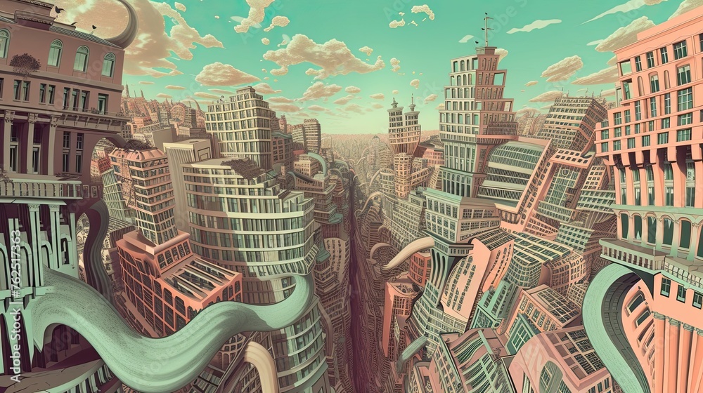 Abstract illustration of a landscape of a distorted, irregular city ...