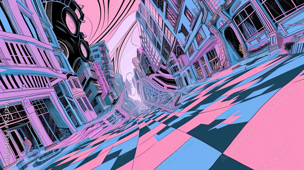 Abstract illustration of a landscape of a distorted, irregular city ...