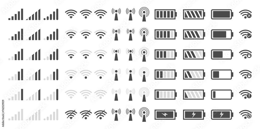 Phone signal WIFI and battery icons. mobile interface top bar icon set ...