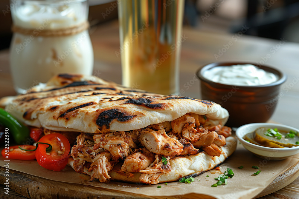 Hatay style chicken doner, with small pickled peppers and a glass of ...
