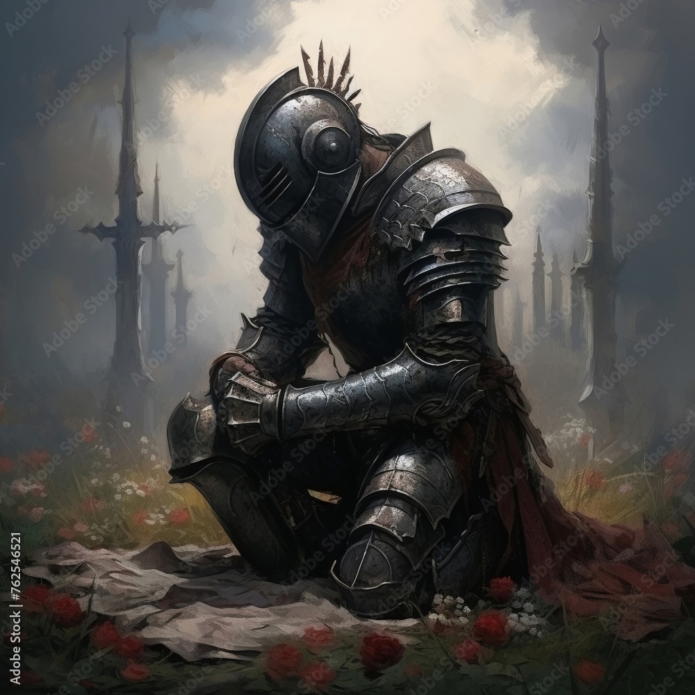 Fantasy art of graveside knight kneels, pray whispered to dead friends ...