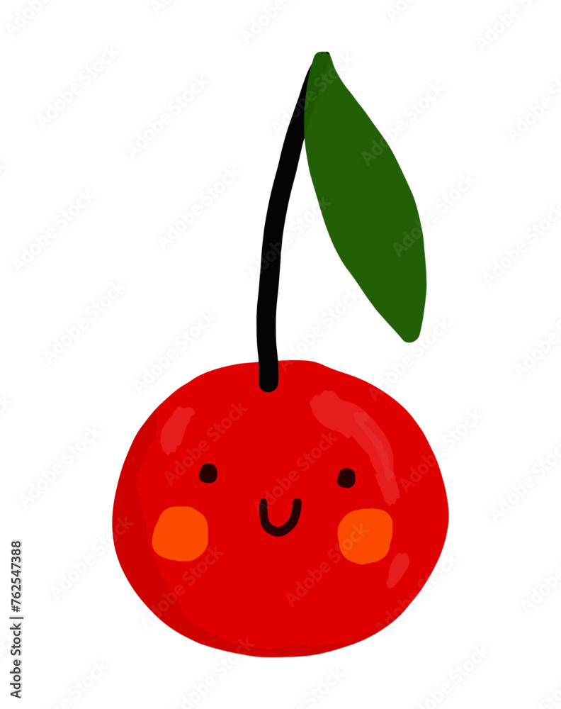 Red Cherry With Green Leaf. Cute Hand drawn Cartoon of Funny One Cherry ...