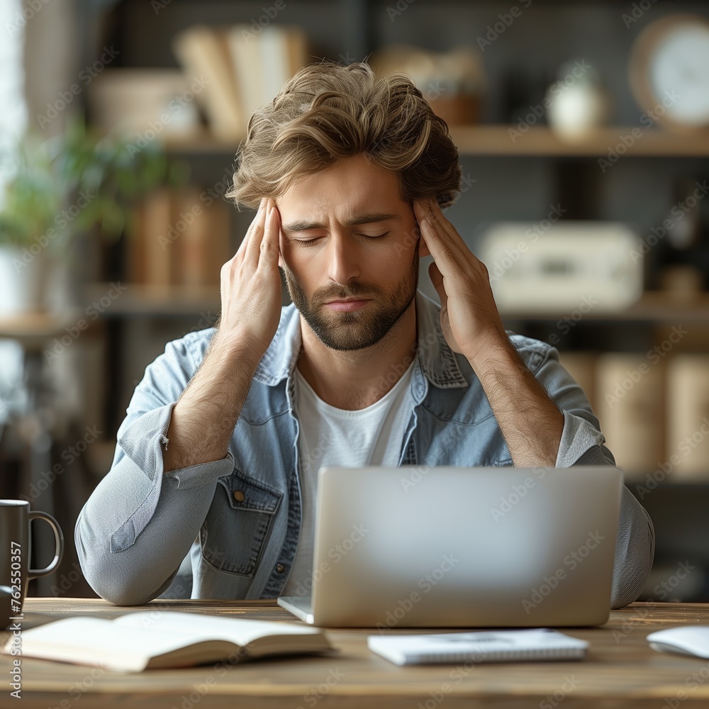 Man with eyes closed sit at desk with laptop, having information ...