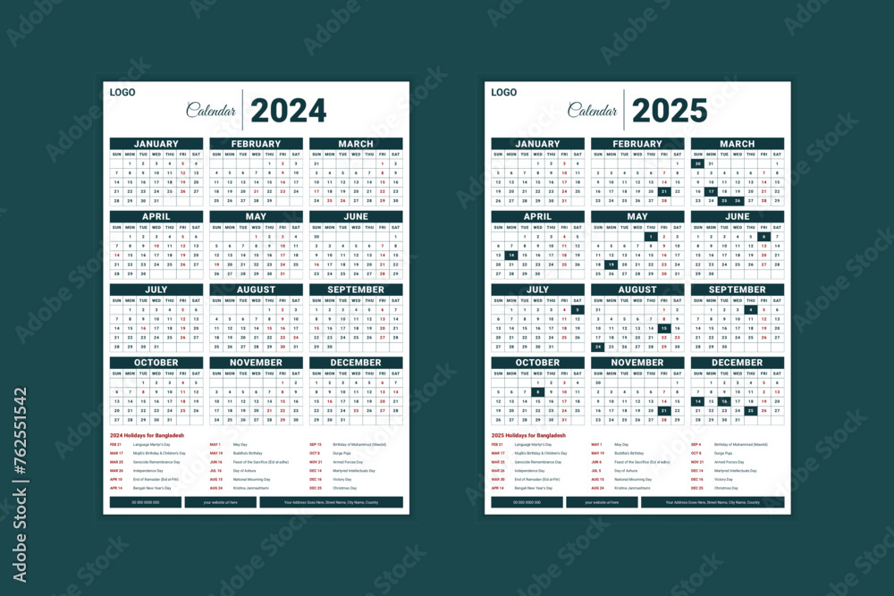 Simple calendar set for 2024 and 2025 years. Simple editable vertical ...
