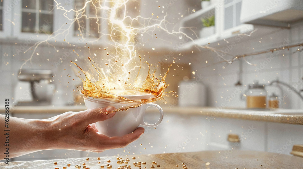 Human hand catching a coffee cup with splashing liquid and lightning ...