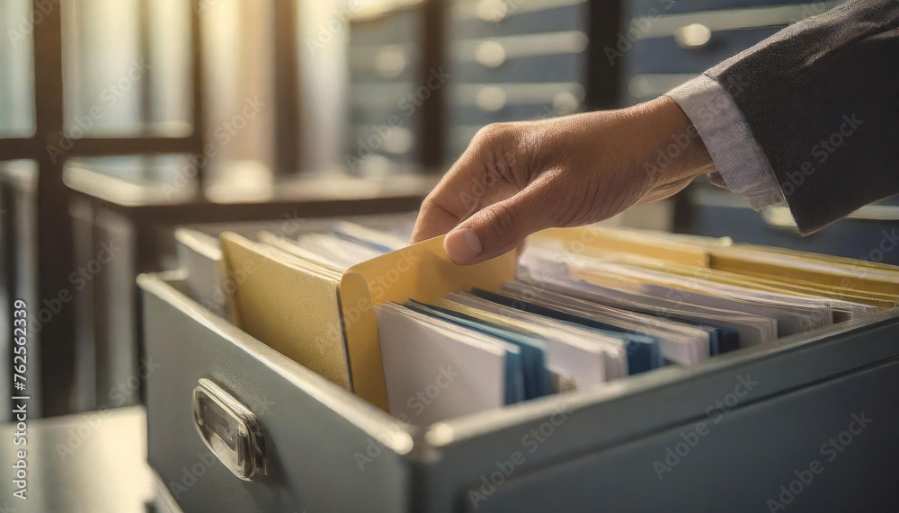 A hand is shown pulling a file from an organized open filing cabinet ... A hand is shown pulling a file from an organized open filing cabinet ...