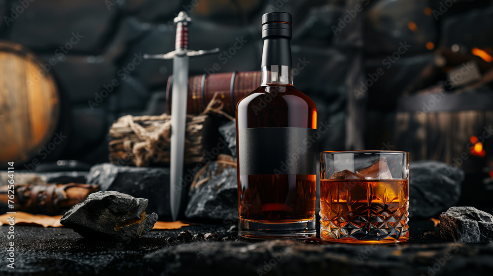 Whiskey Bottle | Blank Black Label | Dark Stone Surface, Medieval Sword ...