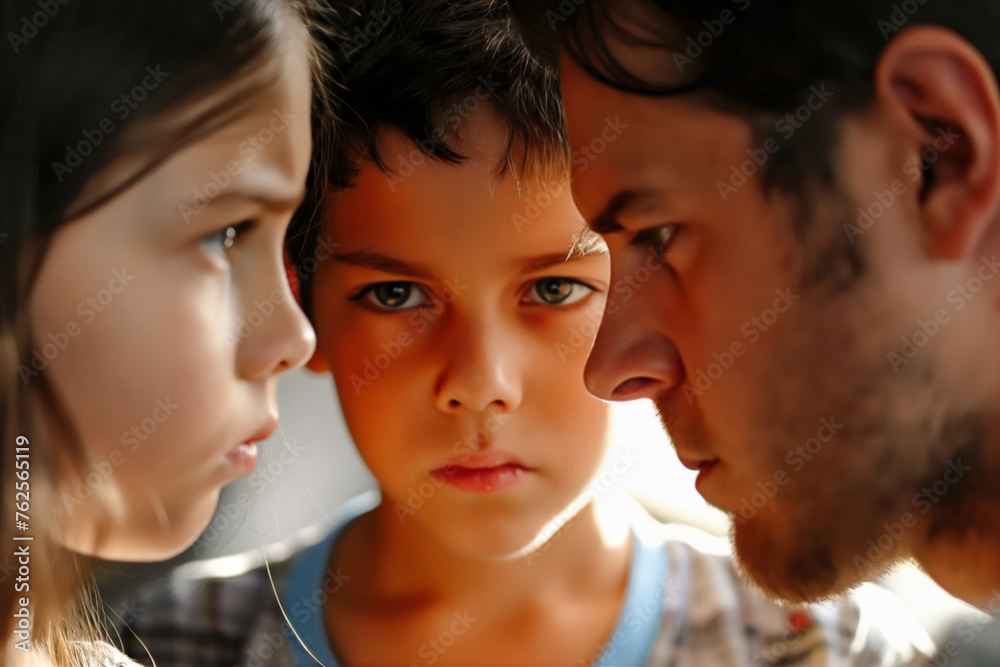 Two children and a man closely face each other, their expressions ...