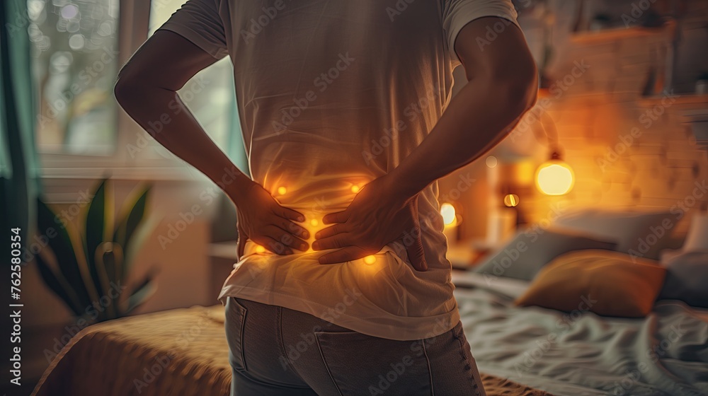 Person holding the back in pain It highlights inflamed nerve roots to ...