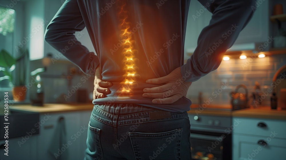 Person holding the back in pain It highlights inflamed nerve roots to ...