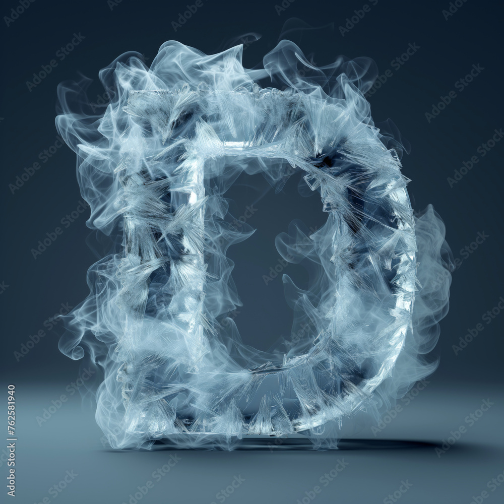 Abstract 3D render letter D made of block of ice on dark blue grey ...