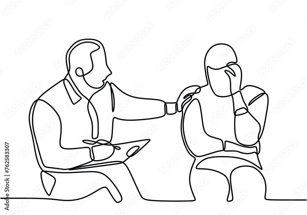 one line drawing of man sitting at the reception of male psychologist ...