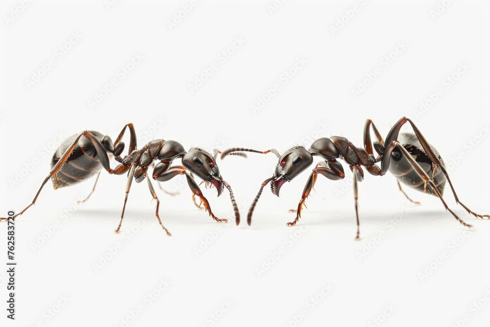 Two ants facing each other on a white background, with their details ...