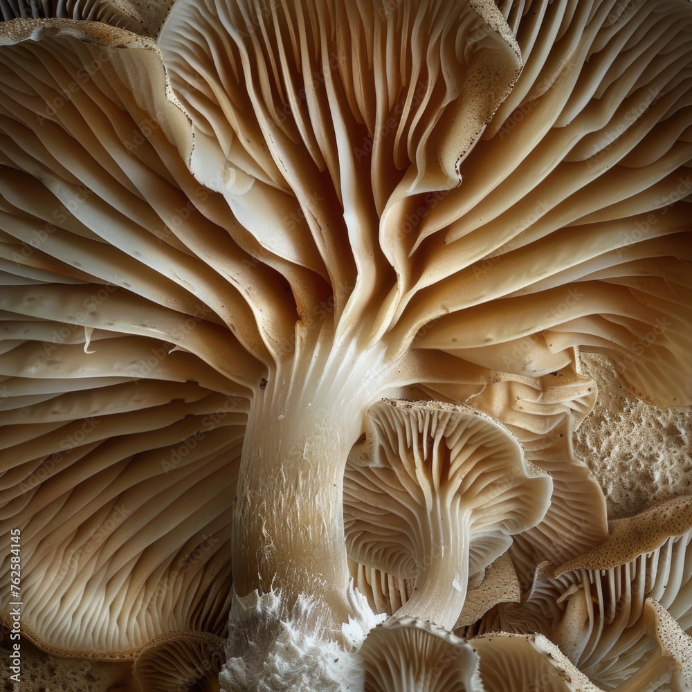 The underside of a mushroom, with a close-up on the gills. The image ...