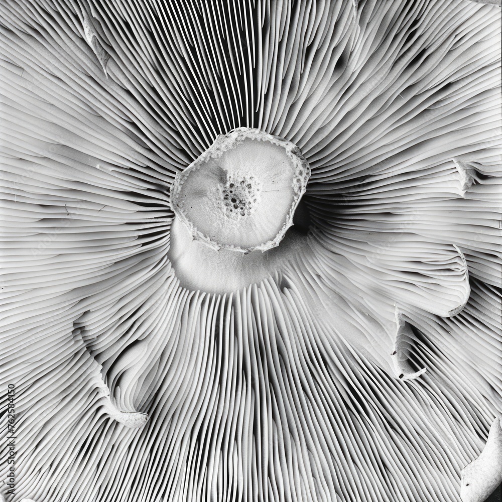 The underside of a mushroom, with a close-up on the gills. The image ...