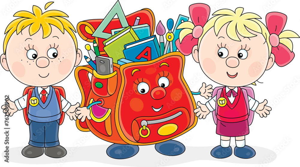 Happy little schoolboy and schoolgirl first graders and cartoony ...