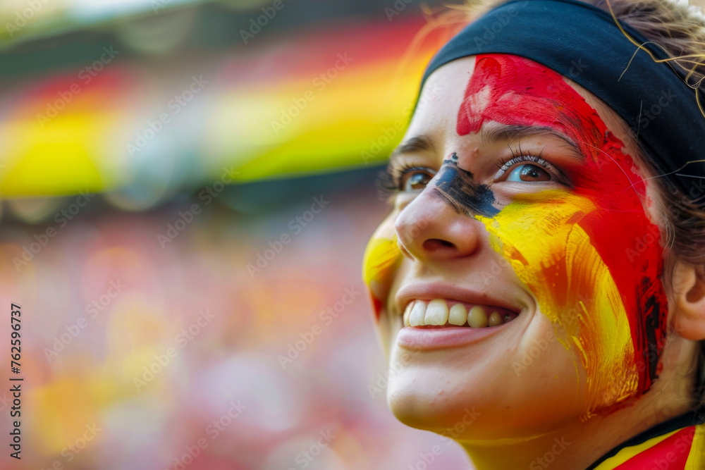 Happy German woman supporter with face painted in German flag german ...
