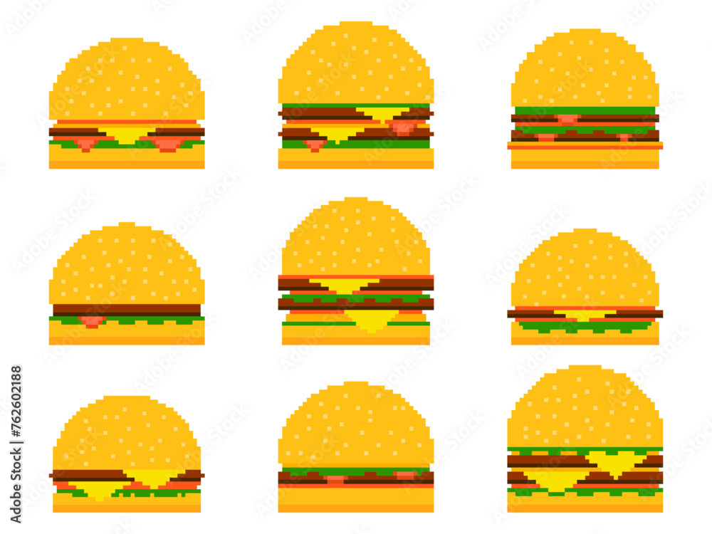 Pixel burger icon set isolated on white background. 8-bit cheeseburger ...
