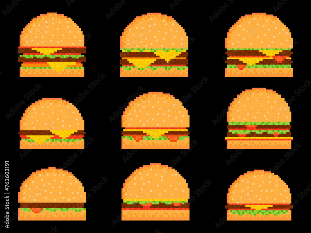 Pixel burger icon set isolated on black background. 8-bit cheeseburger ...