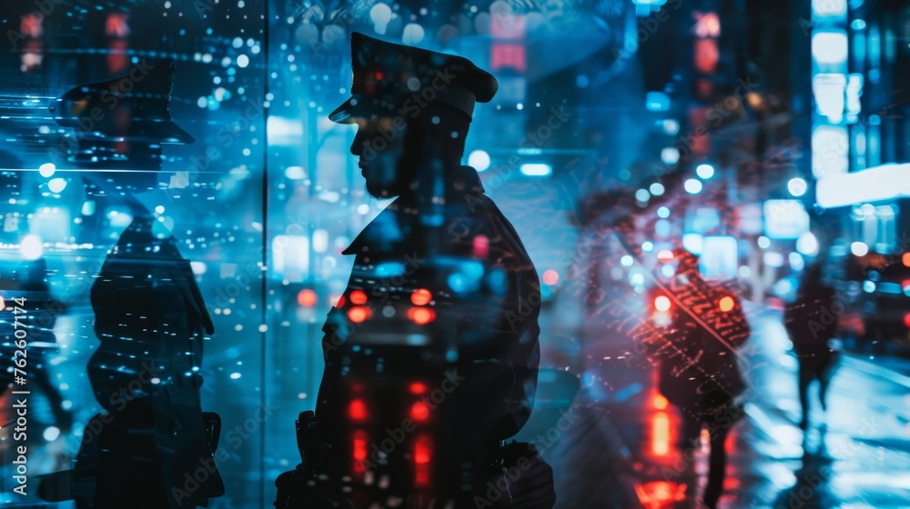 A police officer stands in front of a window, looking out into the ...