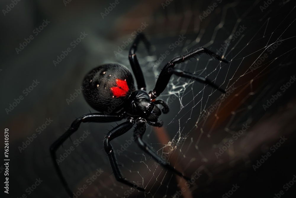 A black spider with red markings on its back is sitting on a web. The ...