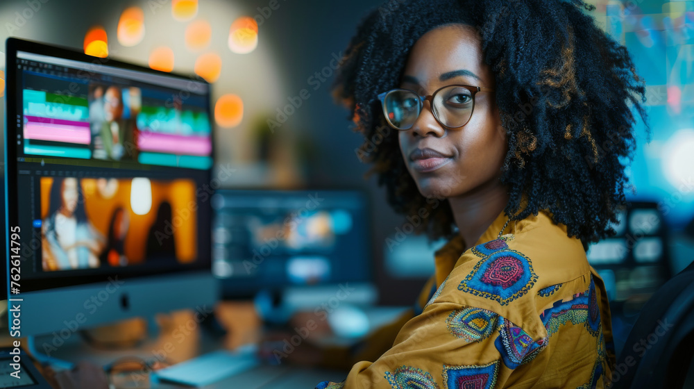 A Fashionable beautiful black woman editor is holding a mouse pen while ...