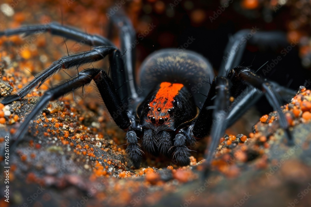 A macro shot showing a Redback spider crawling on the ground ...