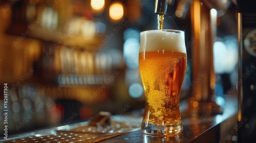 Savor the Moment: Close-Up Process of Pouring Beer into Glass on Bar in ...