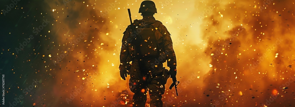 A soldier in uniform stands confidently in front of a roaring fire ...
