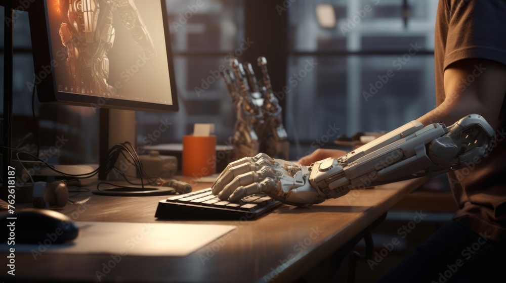Generative AI A dedicated worker in an office environment typing on a ...