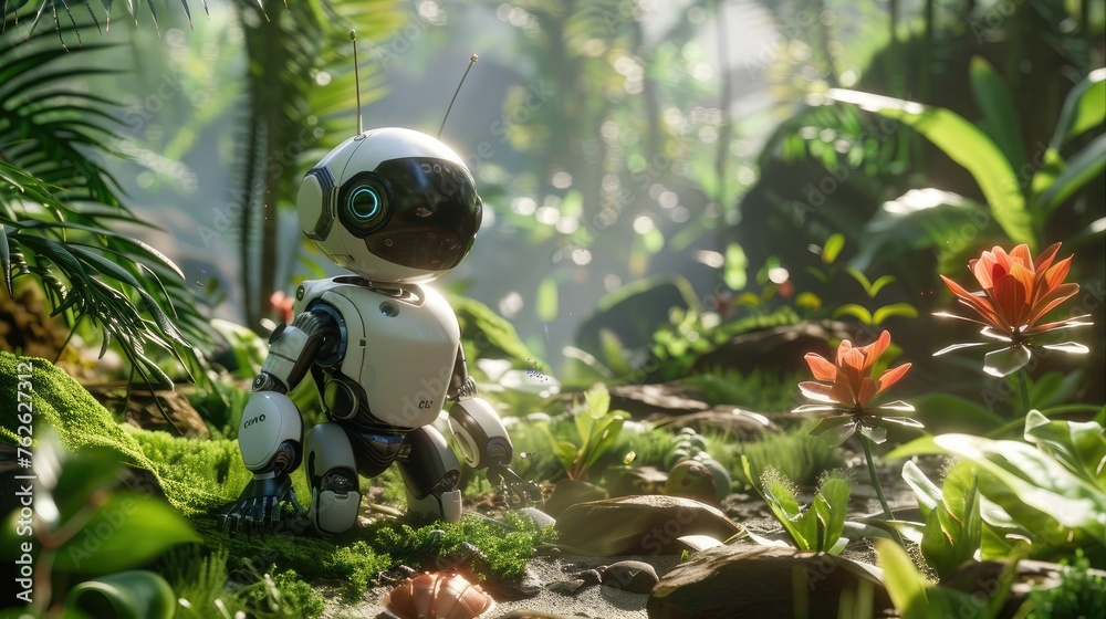 modern robot in a jungle environment to enhance the realism. The robot ...