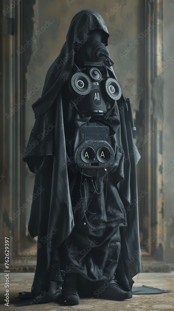 Mysterious Cloaked Figure With Vintage Gas Mask Standing in a Dusty ...