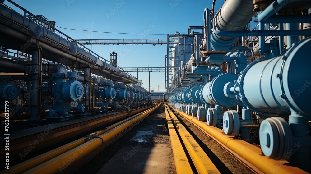Gas pipelines, valves at a distribution station, a natural gas pumping ...