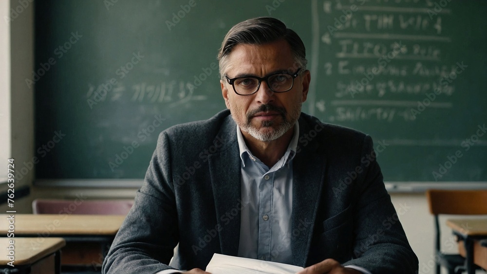 Maestro con lentes elegante con traje dando clases en un salón de ...